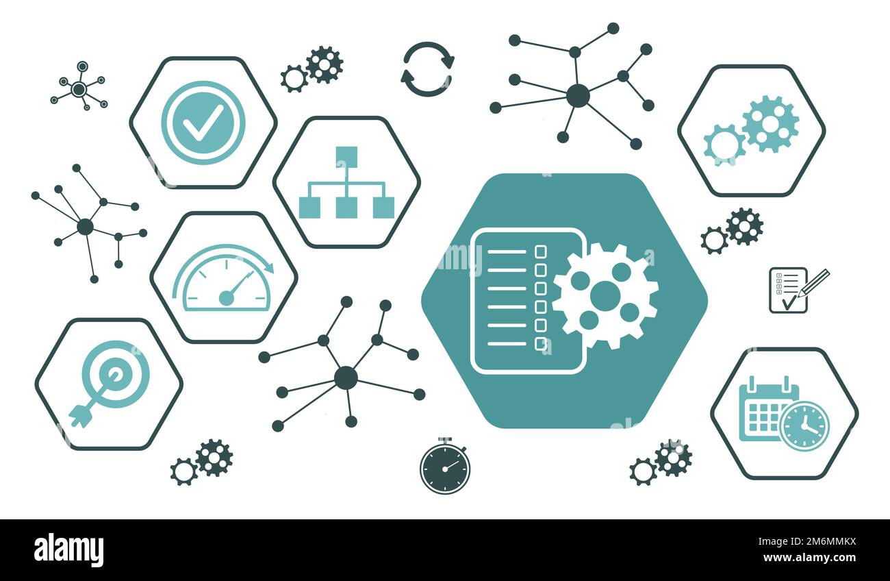 Concept of workflow with icons in hexagons Stock Photo - Alamy