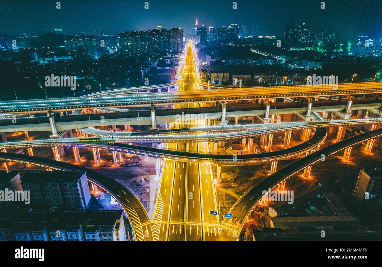 Aerial photo shows the night view of Changjiang Road Viaduct in Wuhu ...