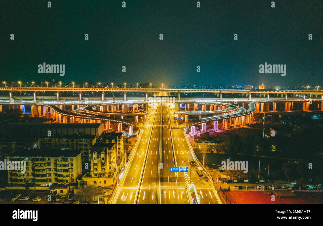 Aerial photo shows the night view of Changjiang Road Viaduct in Wuhu ...