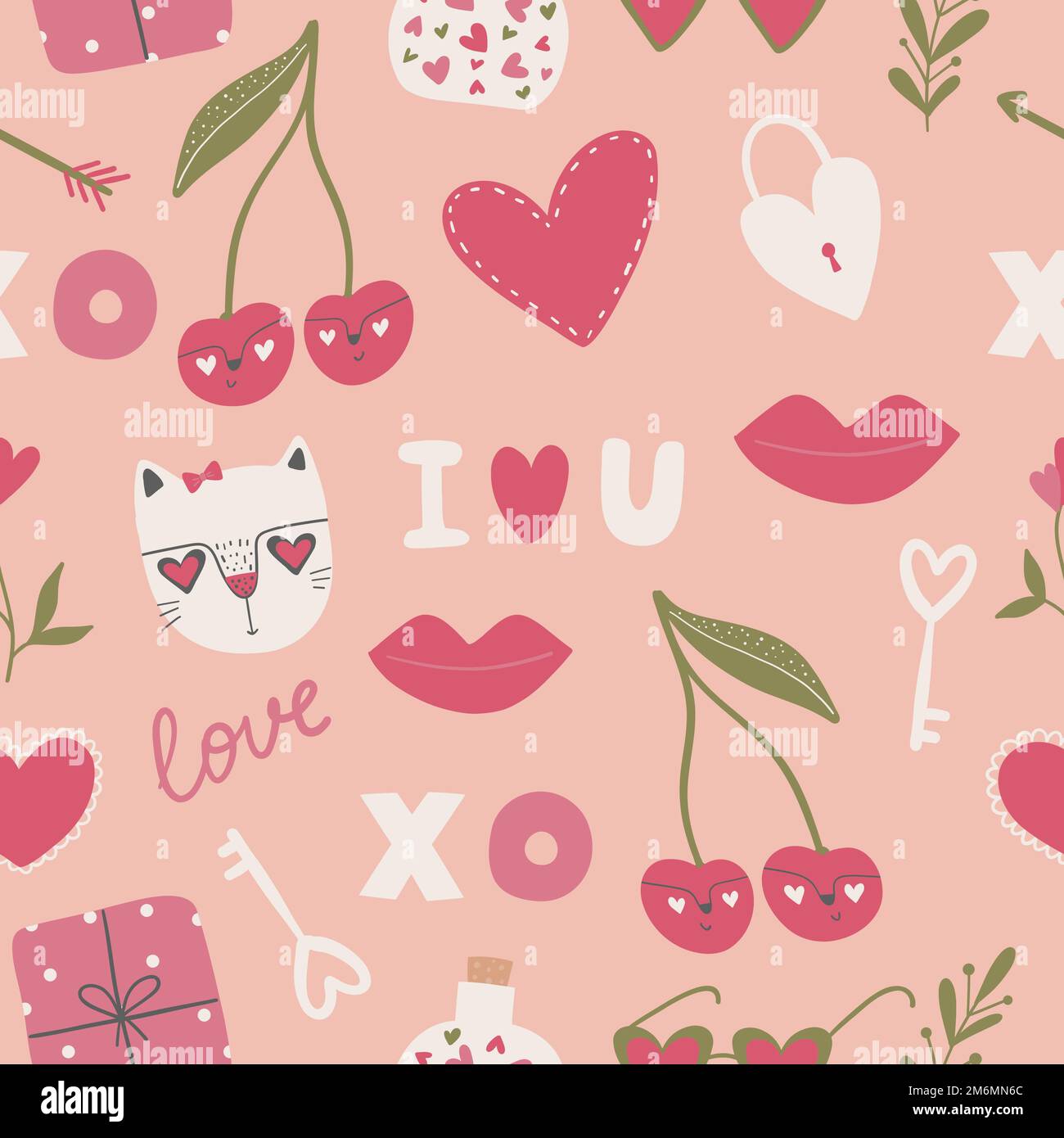 Seamless pattern with red hearts, declarations of love and more ...