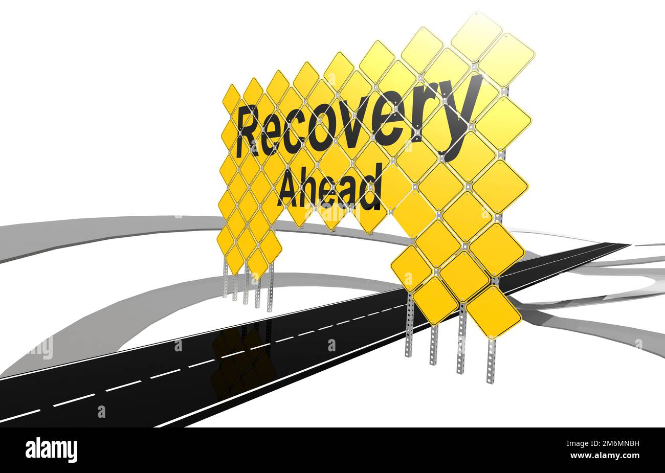 Giant yellow road signs with recovery ahead word Stock Photo - Alamy