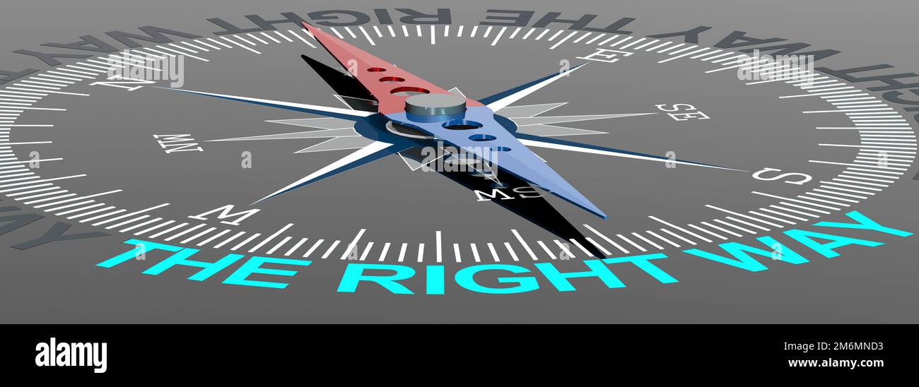 The right way word on compass with blue and red needle Stock Photo - Alamy