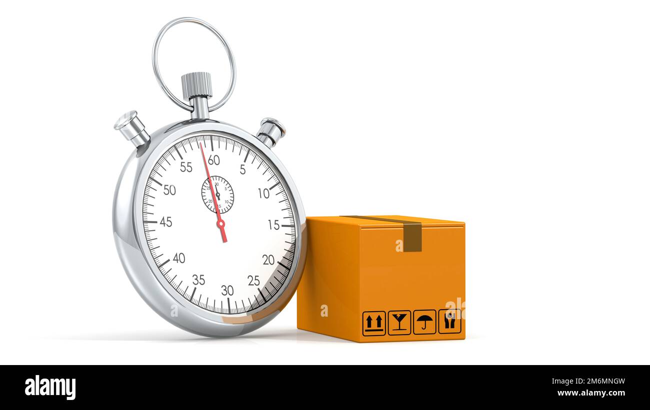 Stopwatch with card box. Speedy delivery concept Stock Photo - Alamy