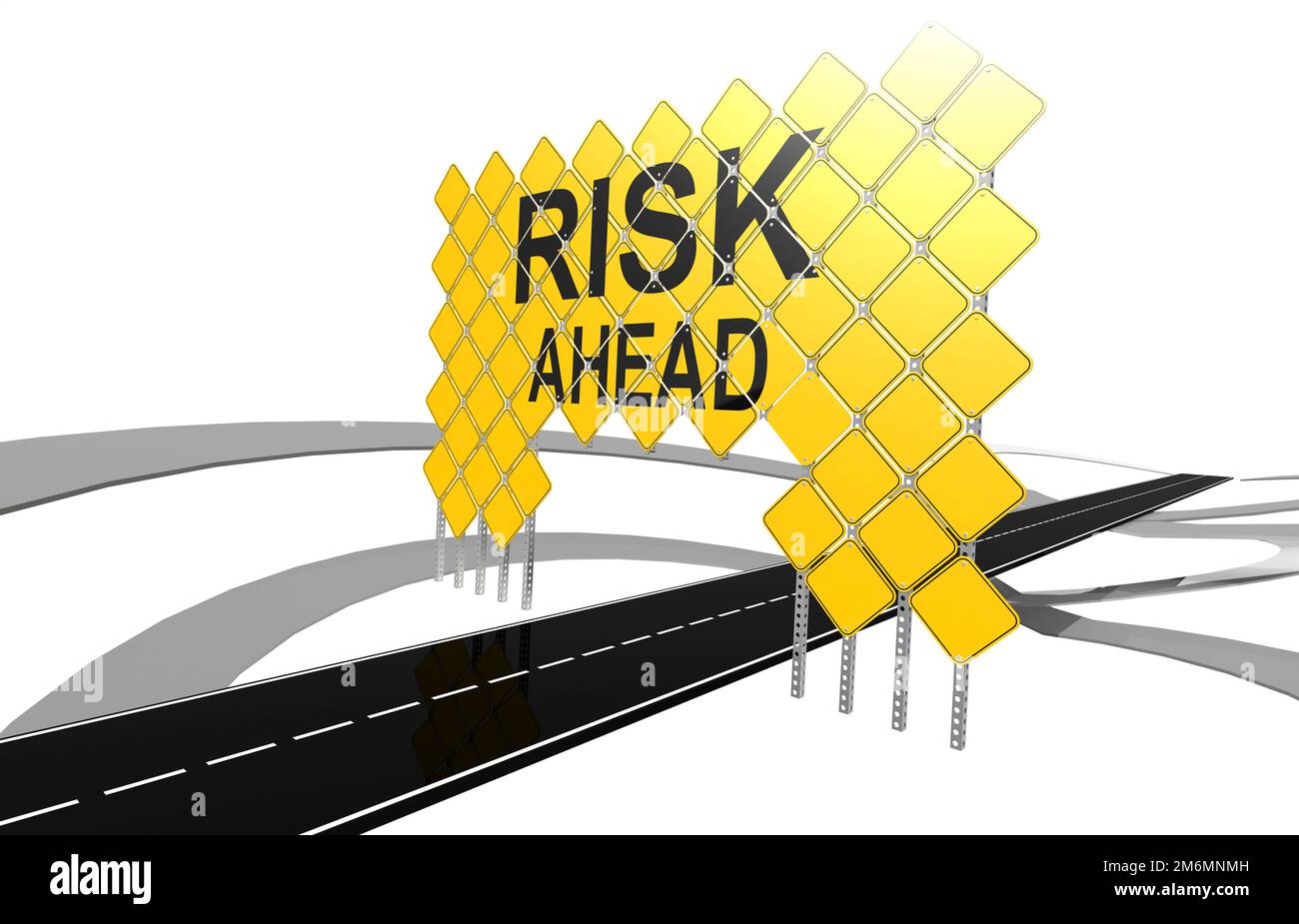 Giant yellow road signs with risk ahead word Stock Photo - Alamy
