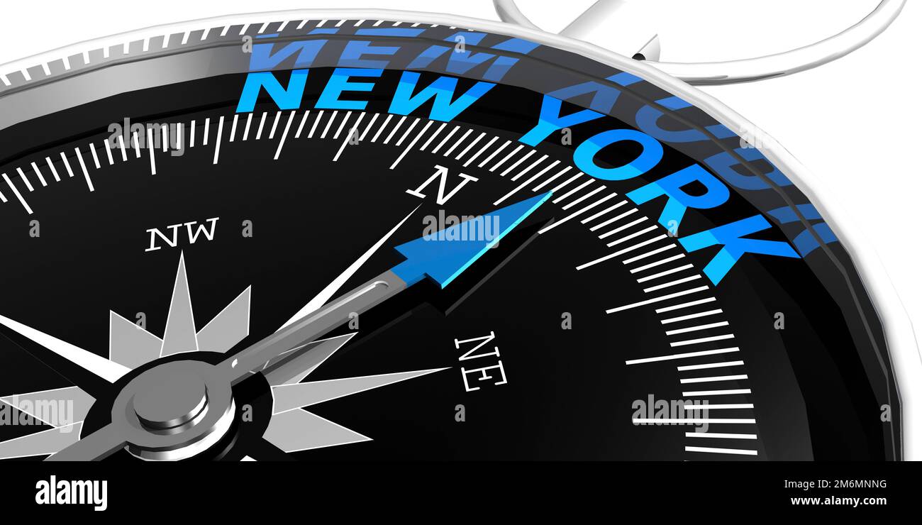 Compass needle pointing to word New York Stock Photo - Alamy