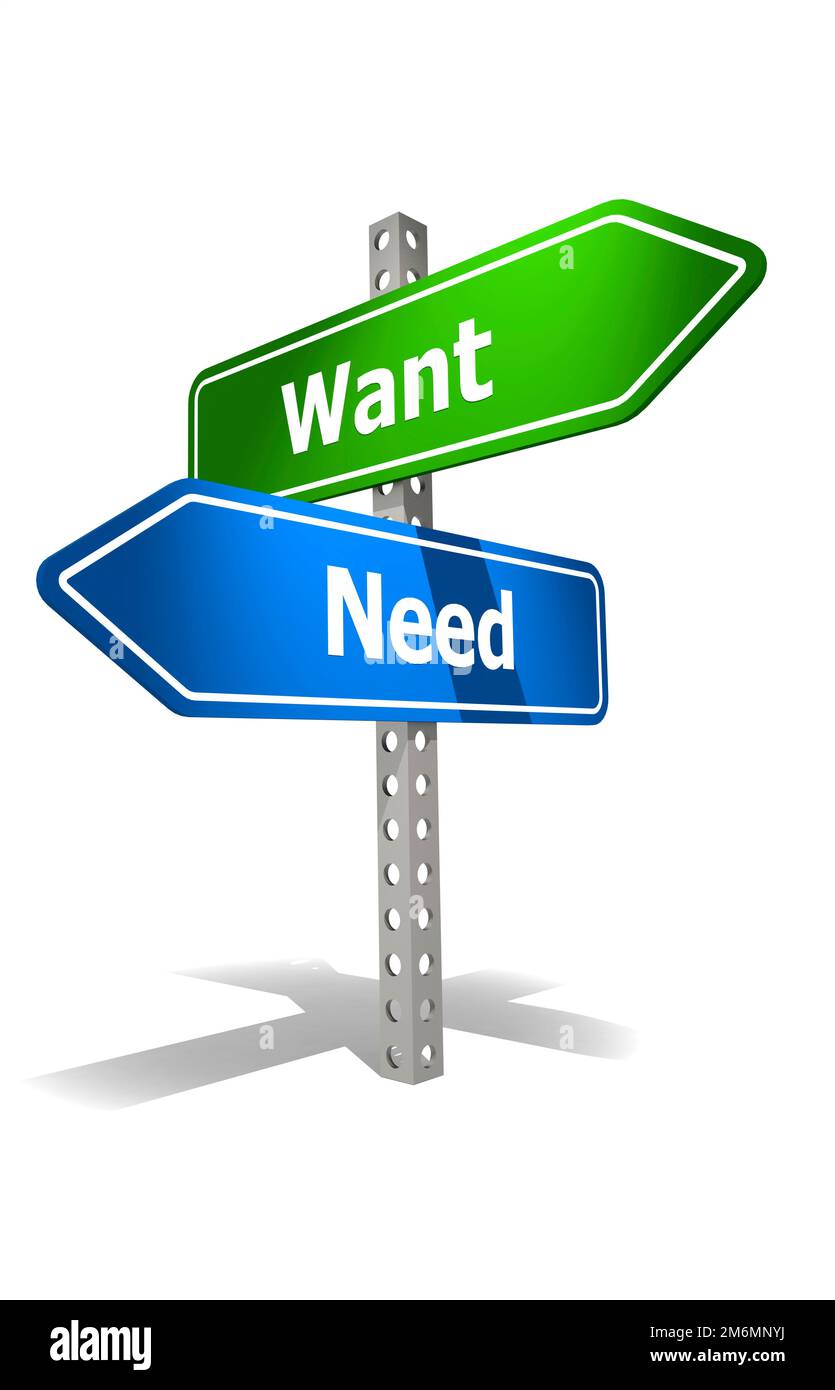 Road sign with want and need word Stock Photo - Alamy
