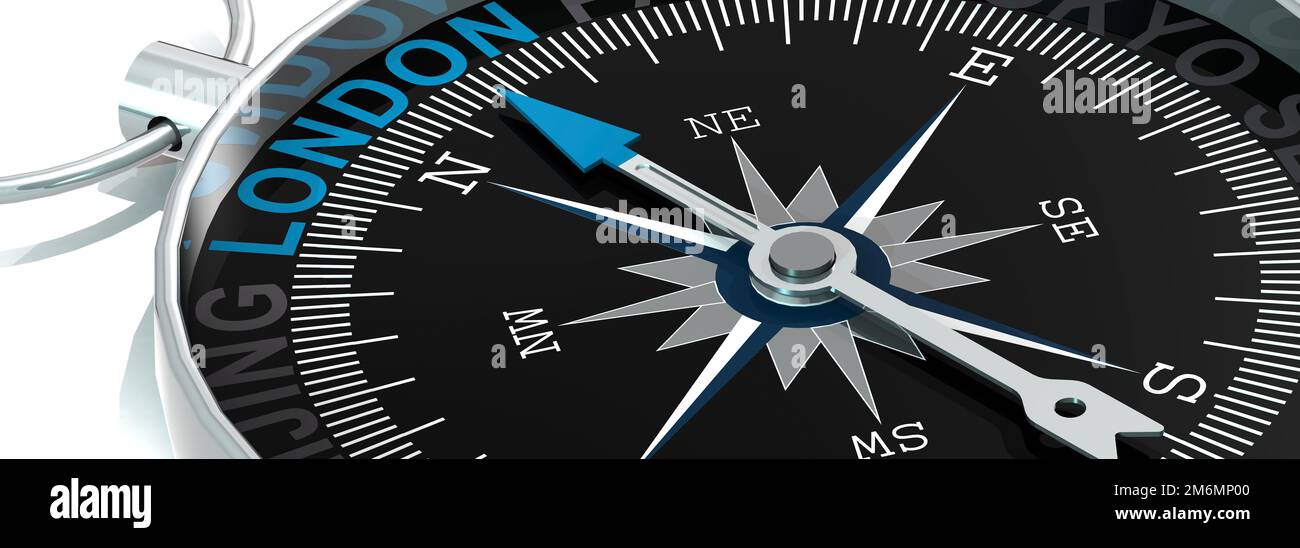 Compass needle pointing to word London Stock Photo - Alamy
