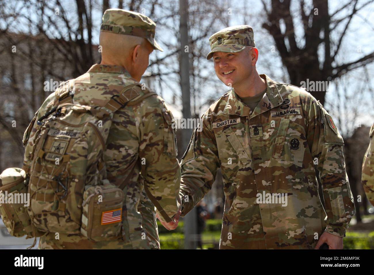 Sgt. Maj. of the Army Michael A. Grinston shakes hands with Sgt. Maj ...