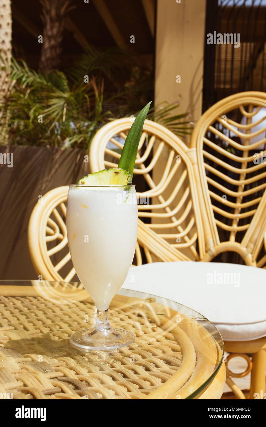 Pina Colada Alcohol Cocktail On Table At Beach Cafe Modern Restaurant
