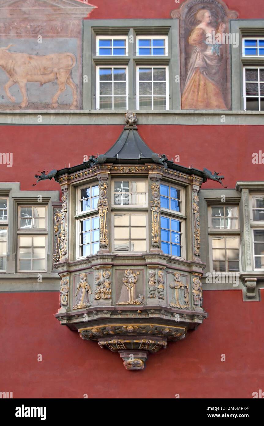 Oriel Window in Rococo style in the swiss old town, Schaffhausen Stock ...