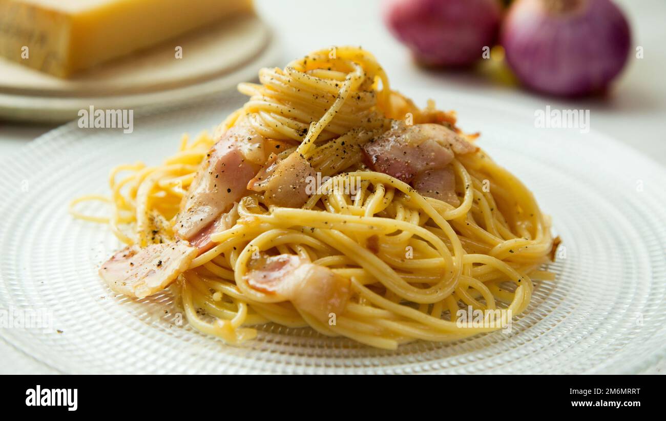 Spaghetti Carbonara is an Italian pasta dish from Rome made with eggs ...