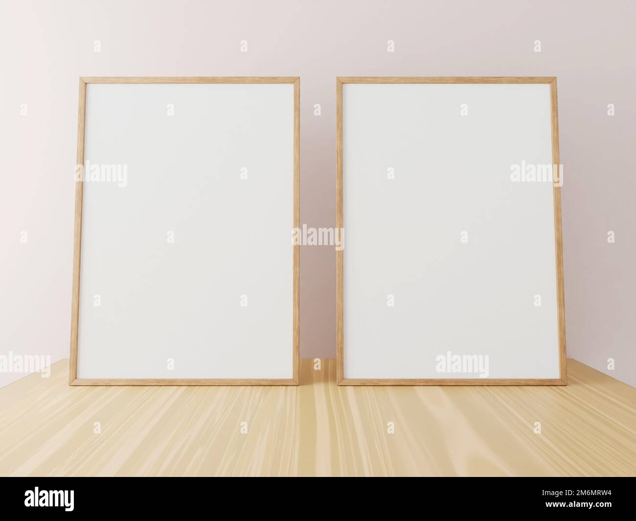 Two vertical wooden frame mockup on wooden table. 3d rendering Stock ...