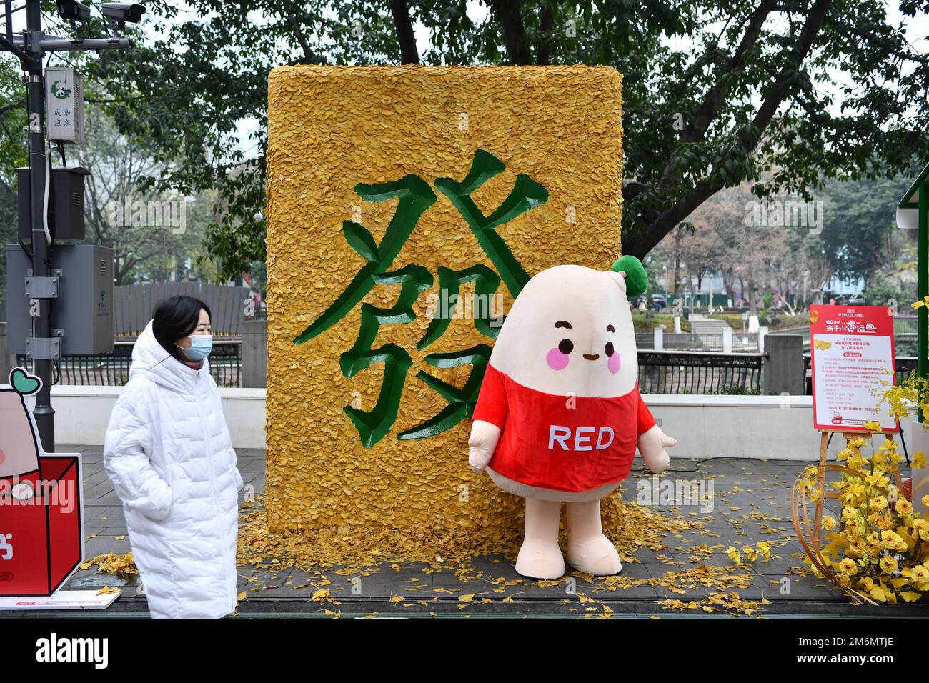 A 3-meter high mahjong tile made of ginkgo leaves appears on the street ...