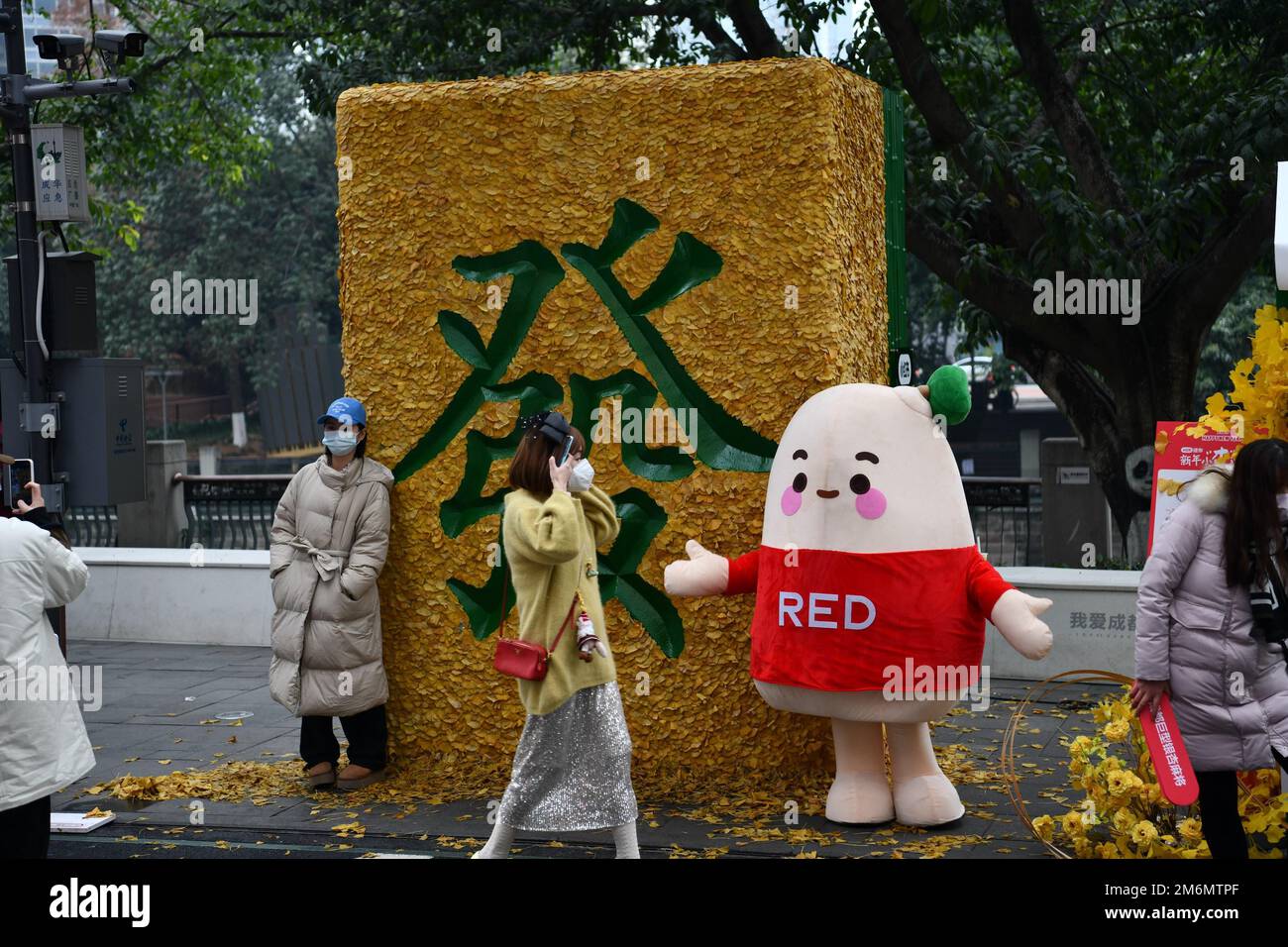 A 3-meter high mahjong tile made of ginkgo leaves appears on the street ...