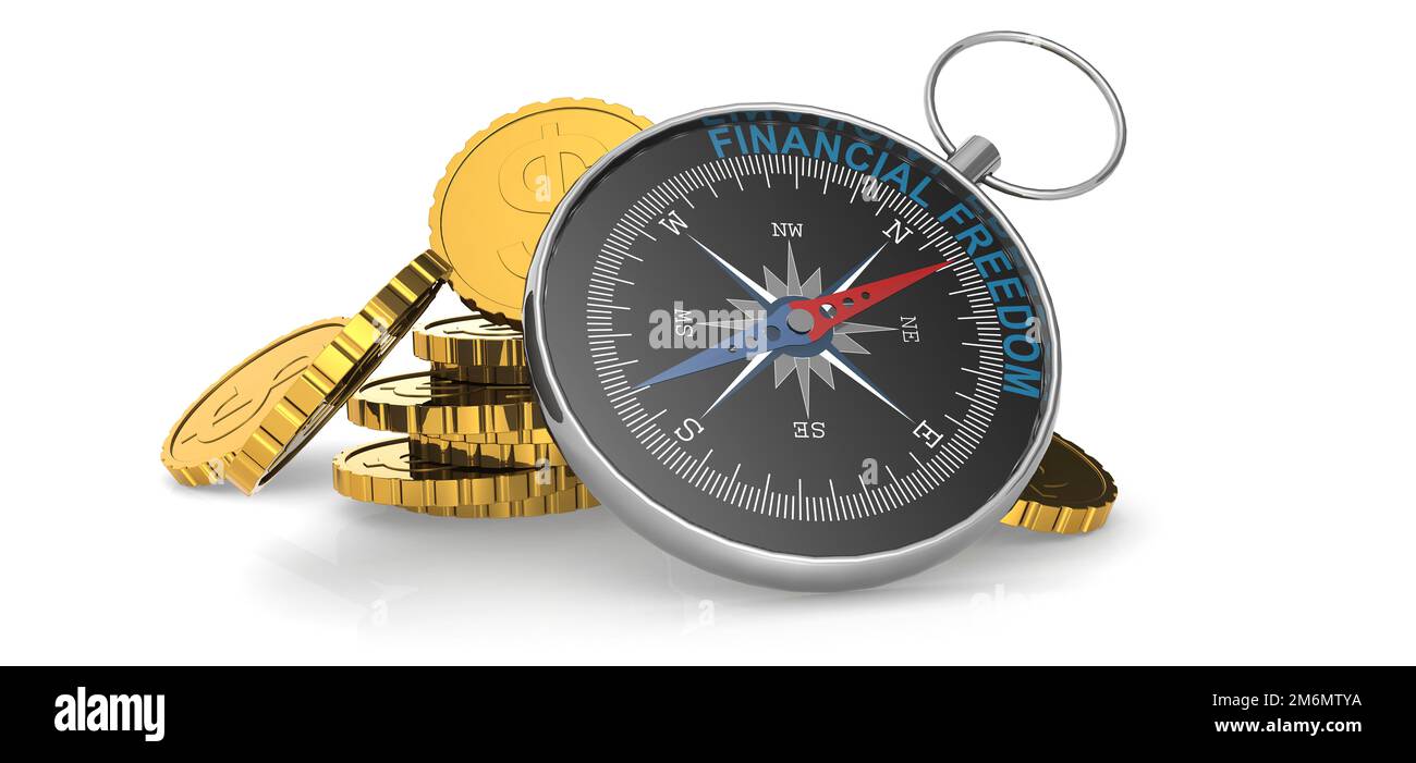 Financial freedom concept with compass and gold coins Stock Photo - Alamy