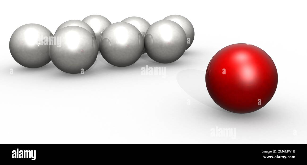Red sphere with group of chrome sphere. Leadership concept Stock Photo ...