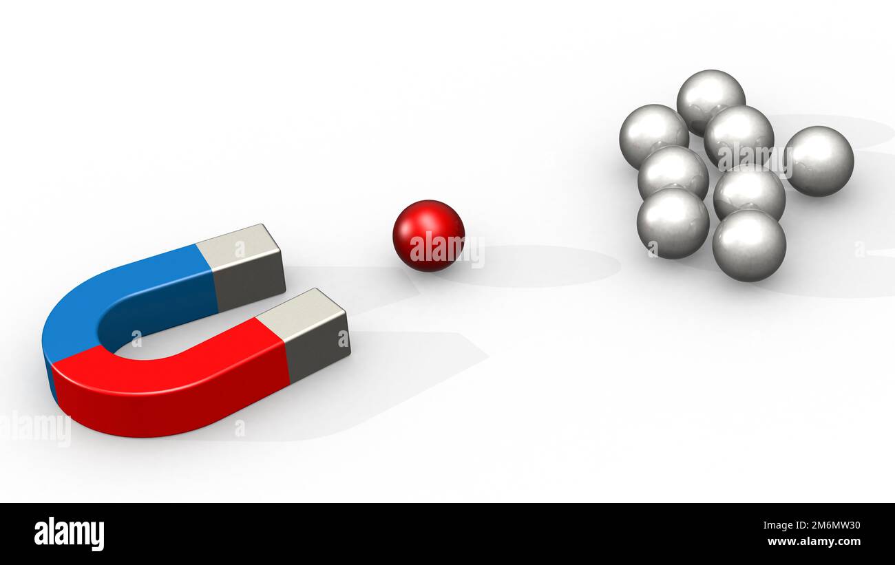 Magnet attracts red sphere from white Stock Photo - Alamy