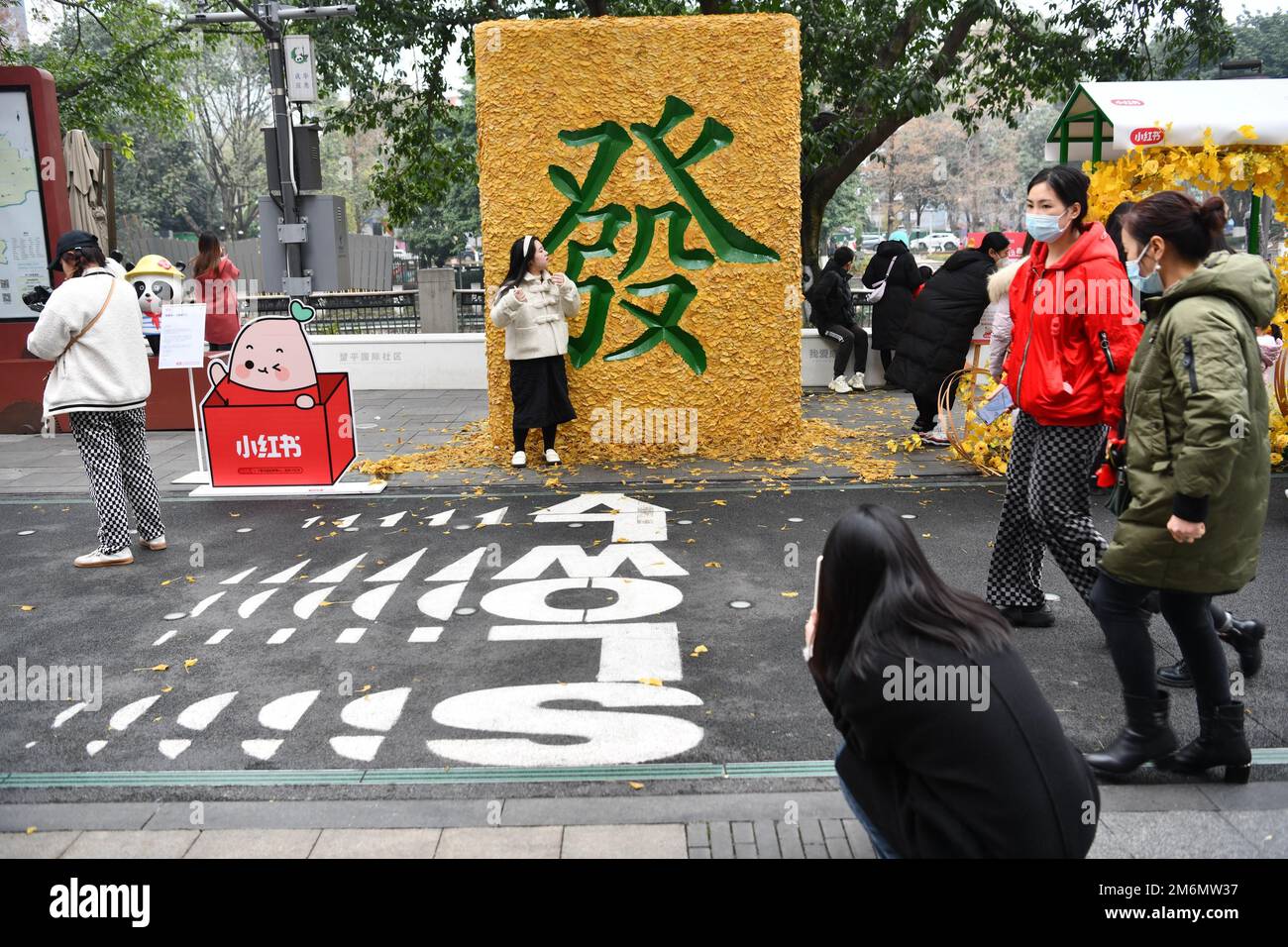 A 3-meter high mahjong tile made of ginkgo leaves appears on the street ...