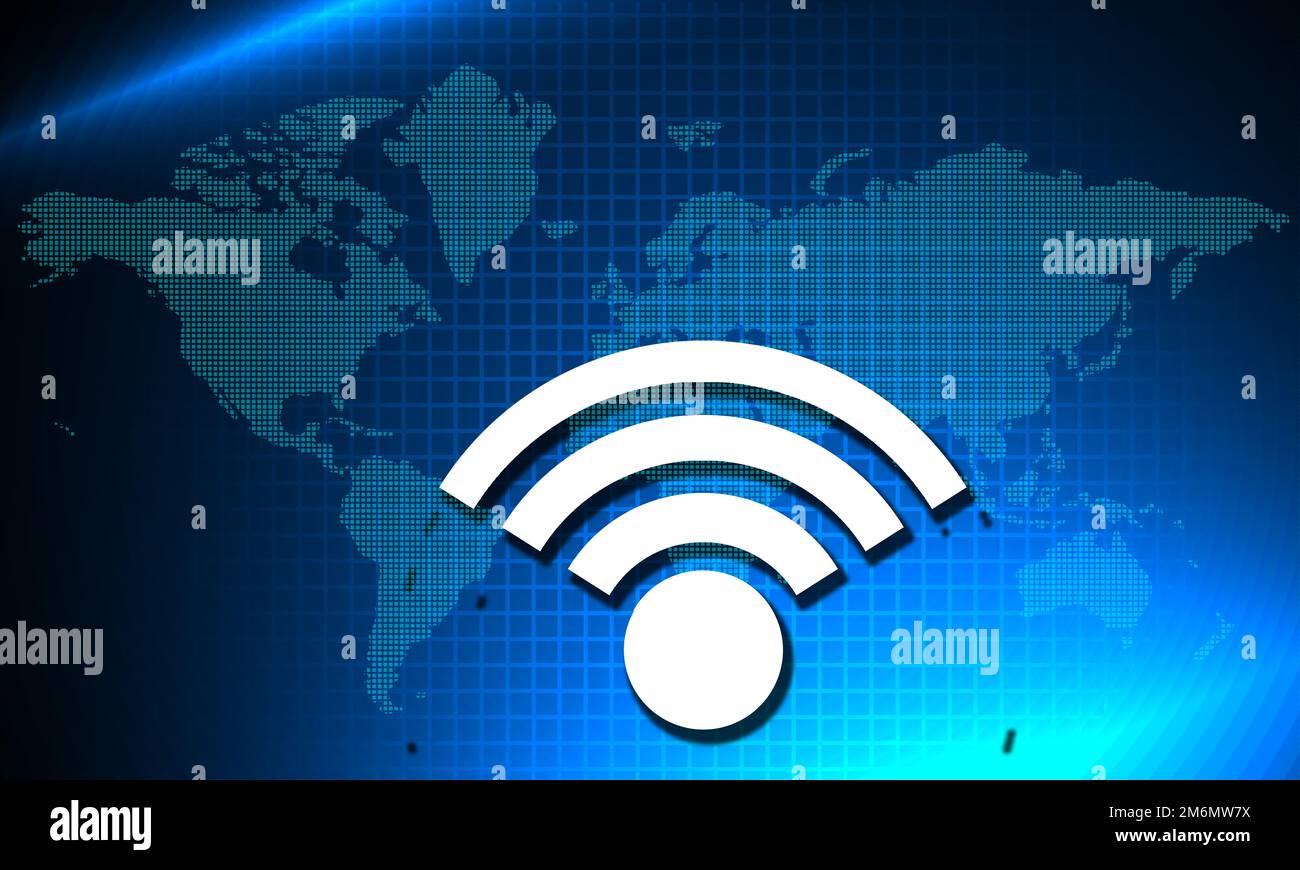 Wifi icon with world map as background Stock Photo - Alamy