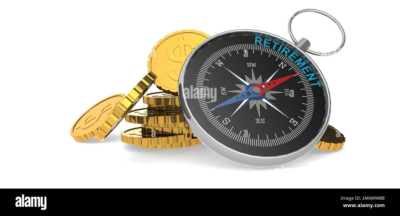 Retirement concept with compass and gold coins Stock Photo - Alamy
