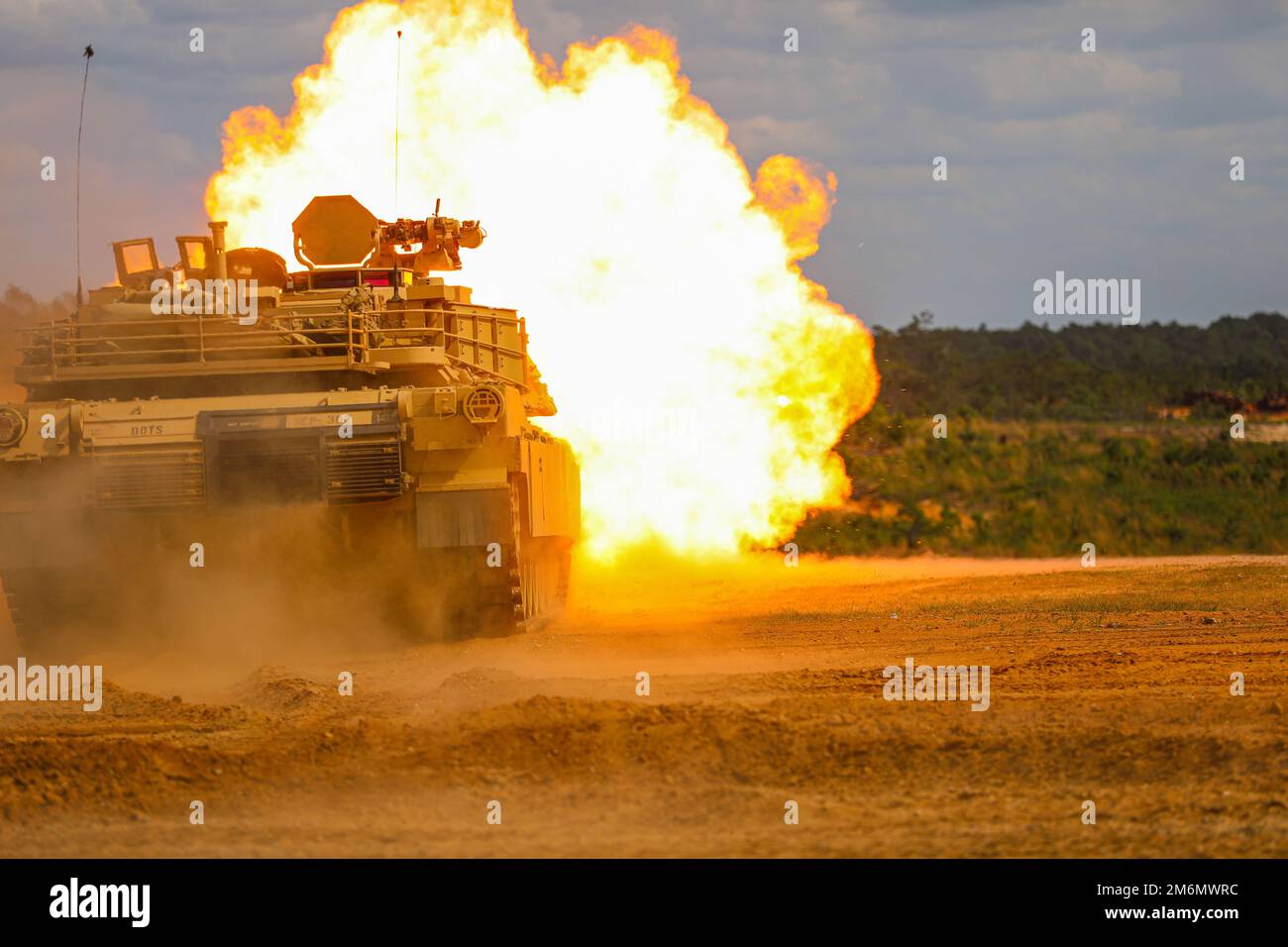 An Abrams Tank Sep v3 fires a round down range during a presentation of ...