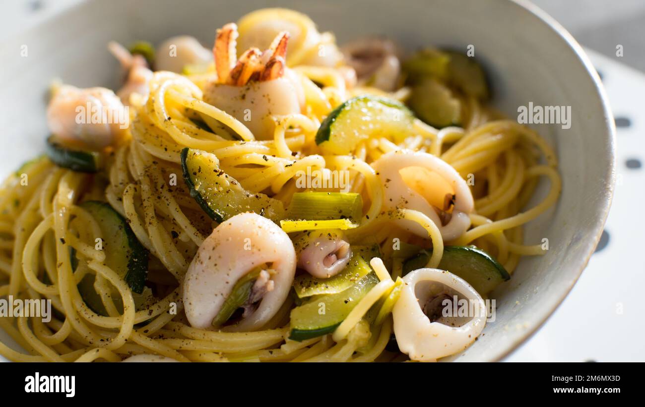 Spaghetti with calamari Pasta frutti di mare. Fresh pasta with seafood ...