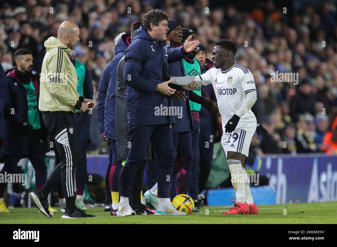 Wilfried Gnonto #29 of Leeds United pushes the West Ham staff and ...