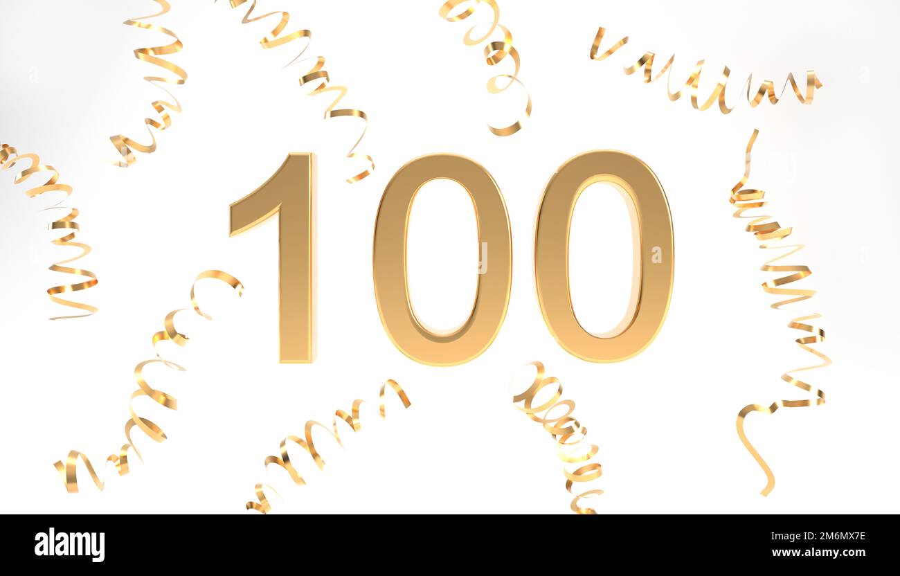 100 followers symbol with confetti 3d rendering. Gold 100 3d number illustration on white ...