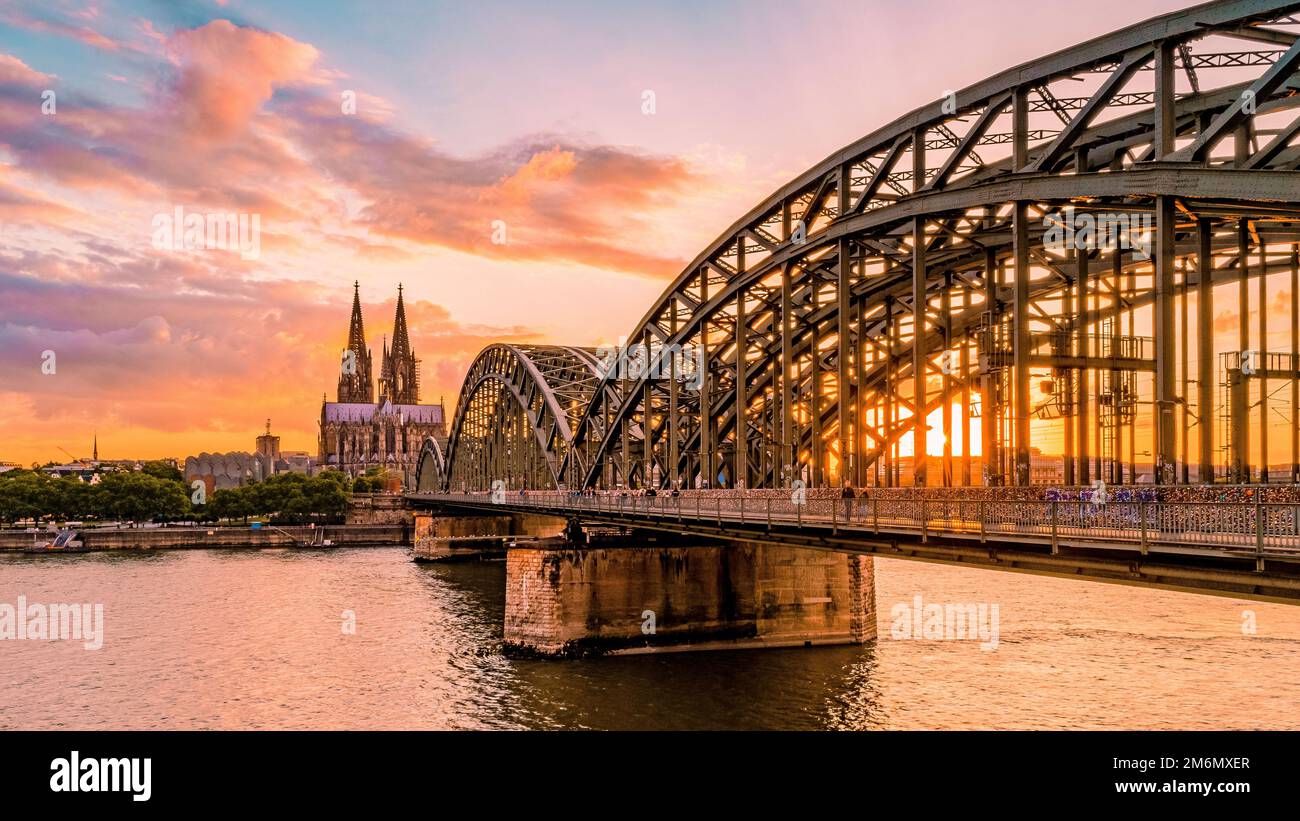 Cologne Koln Germany during sunset, Cologne bridge with cathedral Stock ...