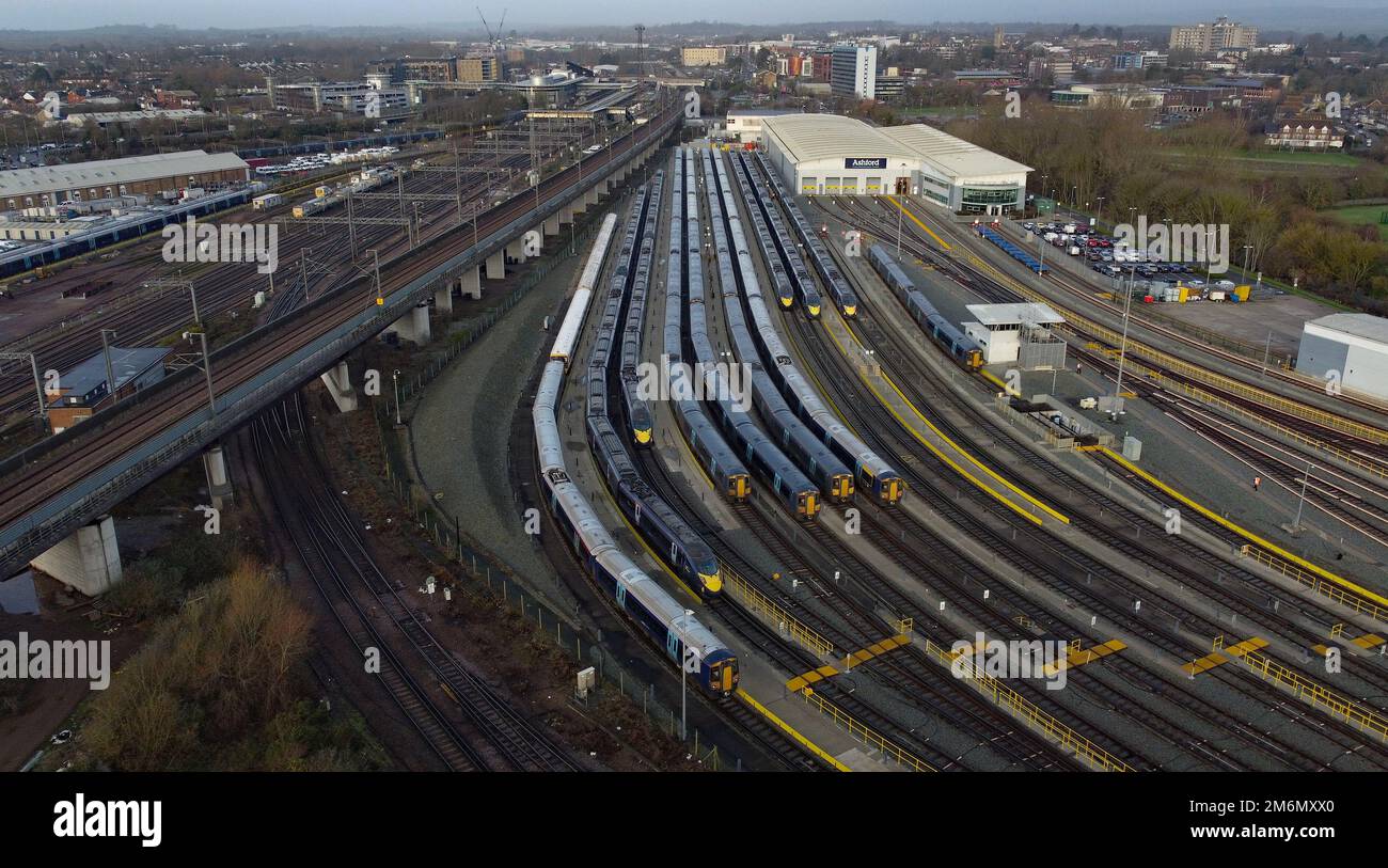 Southeastern trains in sidings at Ashford station in Kent during a ...