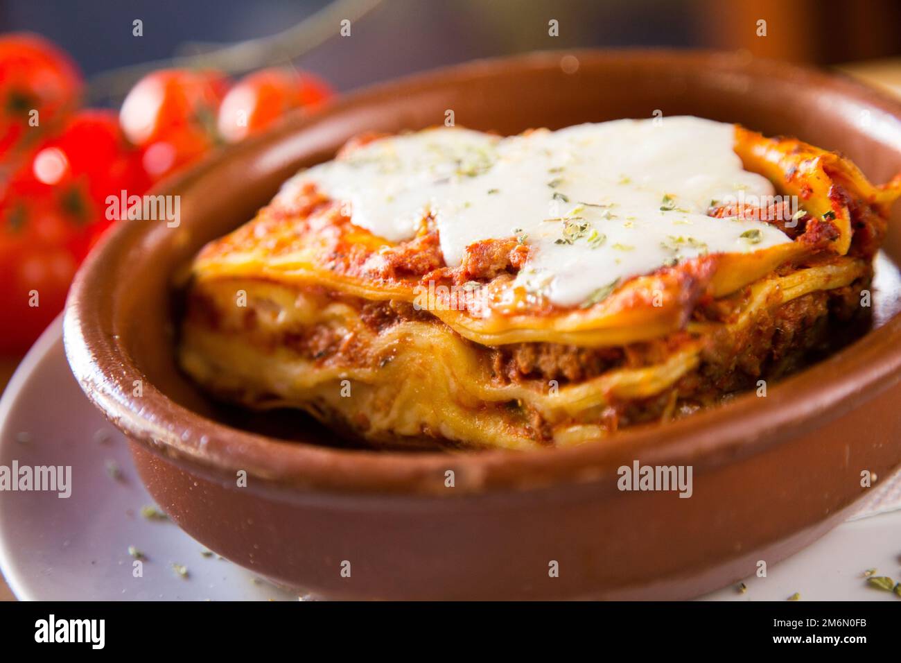 Lasagna with meat and tomato. Lasagna is a type of pasta. It is usually ...