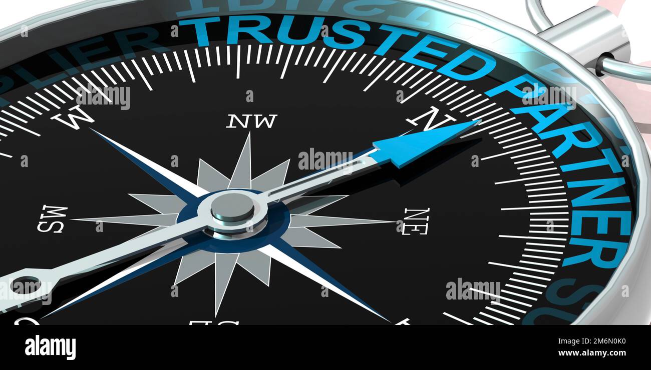 Metal compass with trusted partner word Stock Photo - Alamy