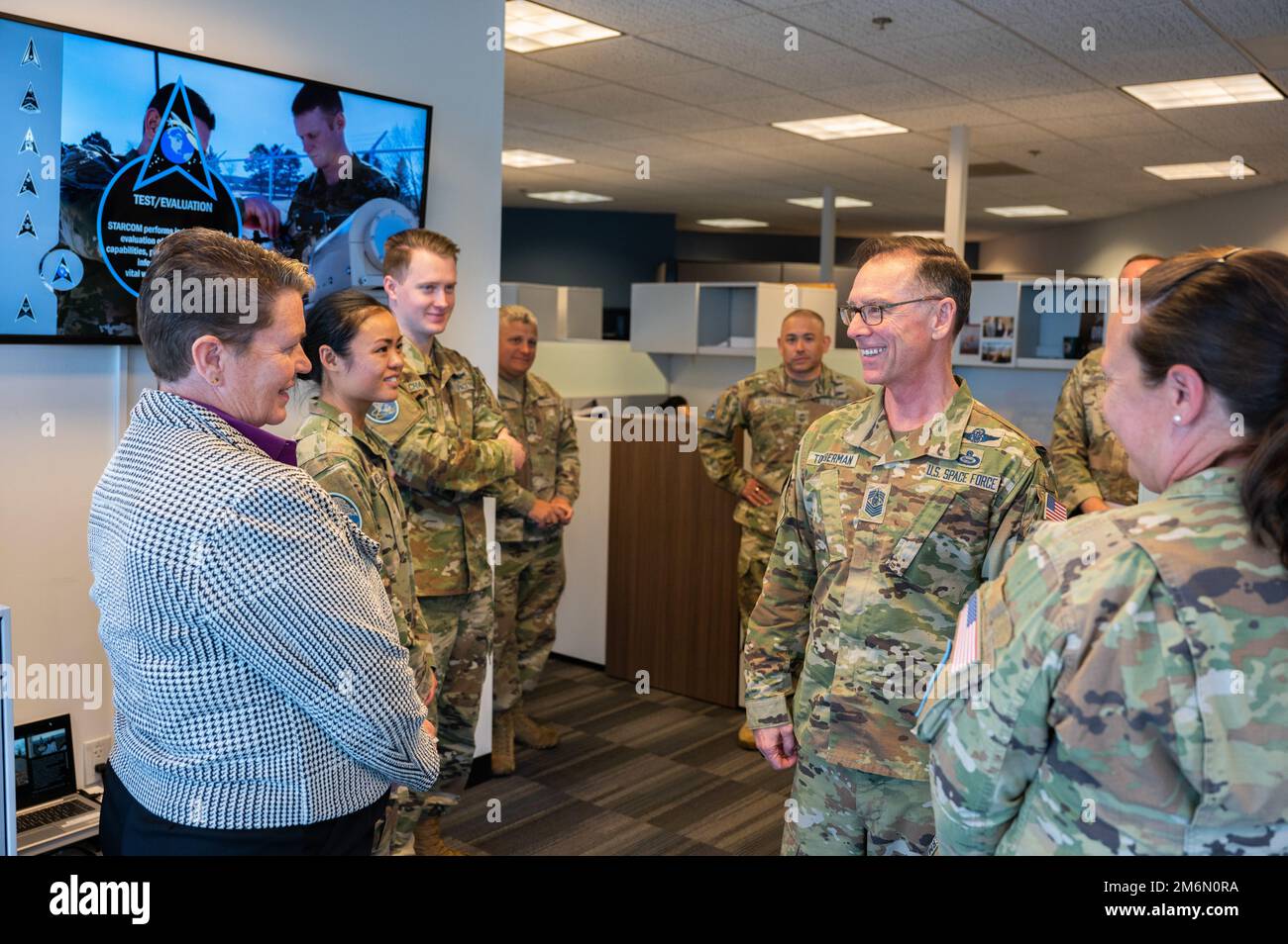 Chief Master Sergeant of the Space Force Roger A. Towberman is greeted ...