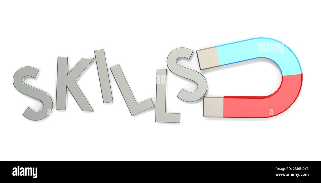 Magnet attract alphabet to form skills word Stock Photo - Alamy