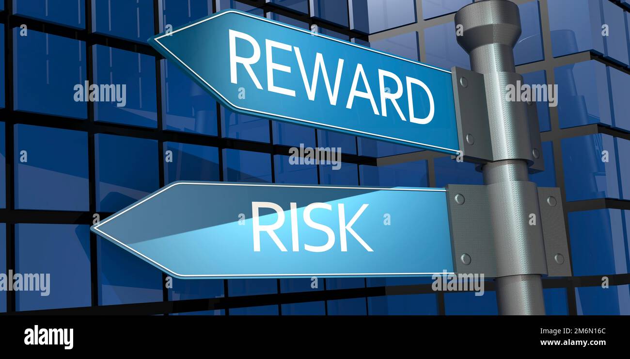 Reward or risk road sign with building facade Stock Photo - Alamy