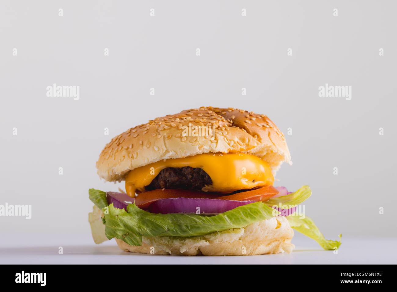 Close-up of burger against gray background with copy space Stock Photo ...