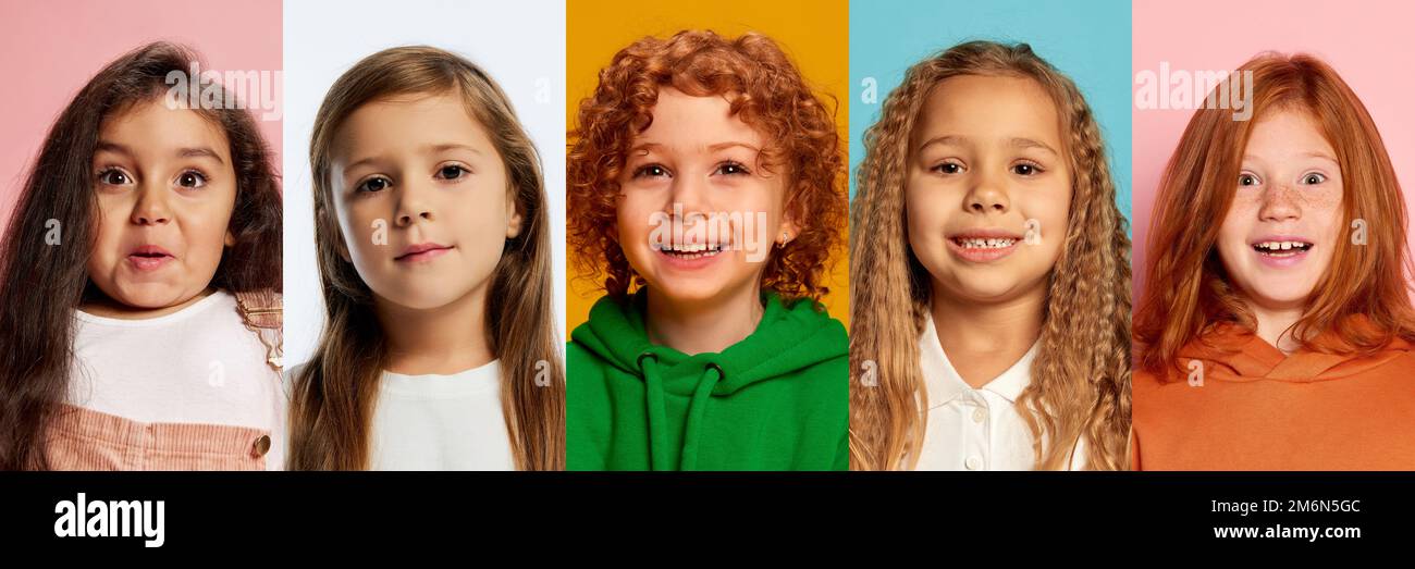 Close-up portraits of little girls, children showing emotions of ...