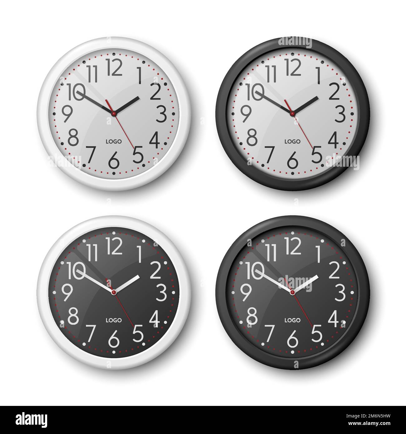 Vector 3d Realistic White, Black, Round Wall Office Clock Icon Set ...