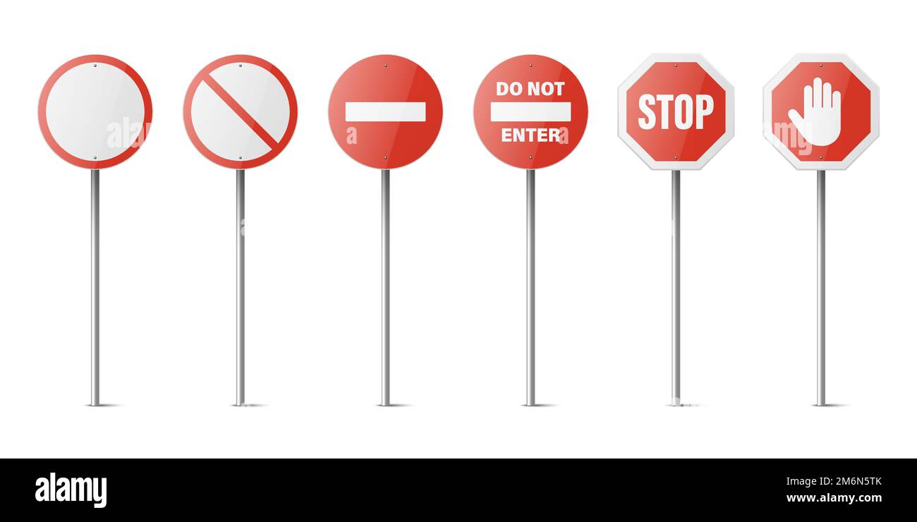 Vector White and Red Glossy Prohibition Stop Signs - Warning, Danger ...