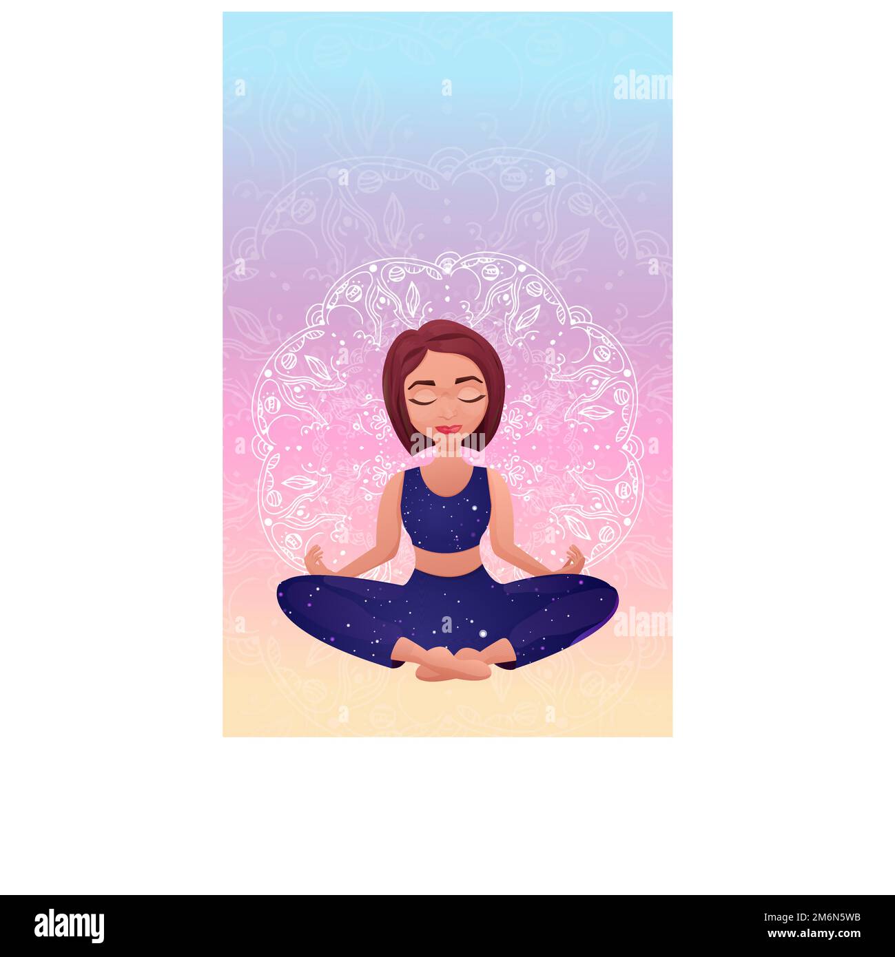 Meditation female character sitting in lotus pose, in cartoon style ...