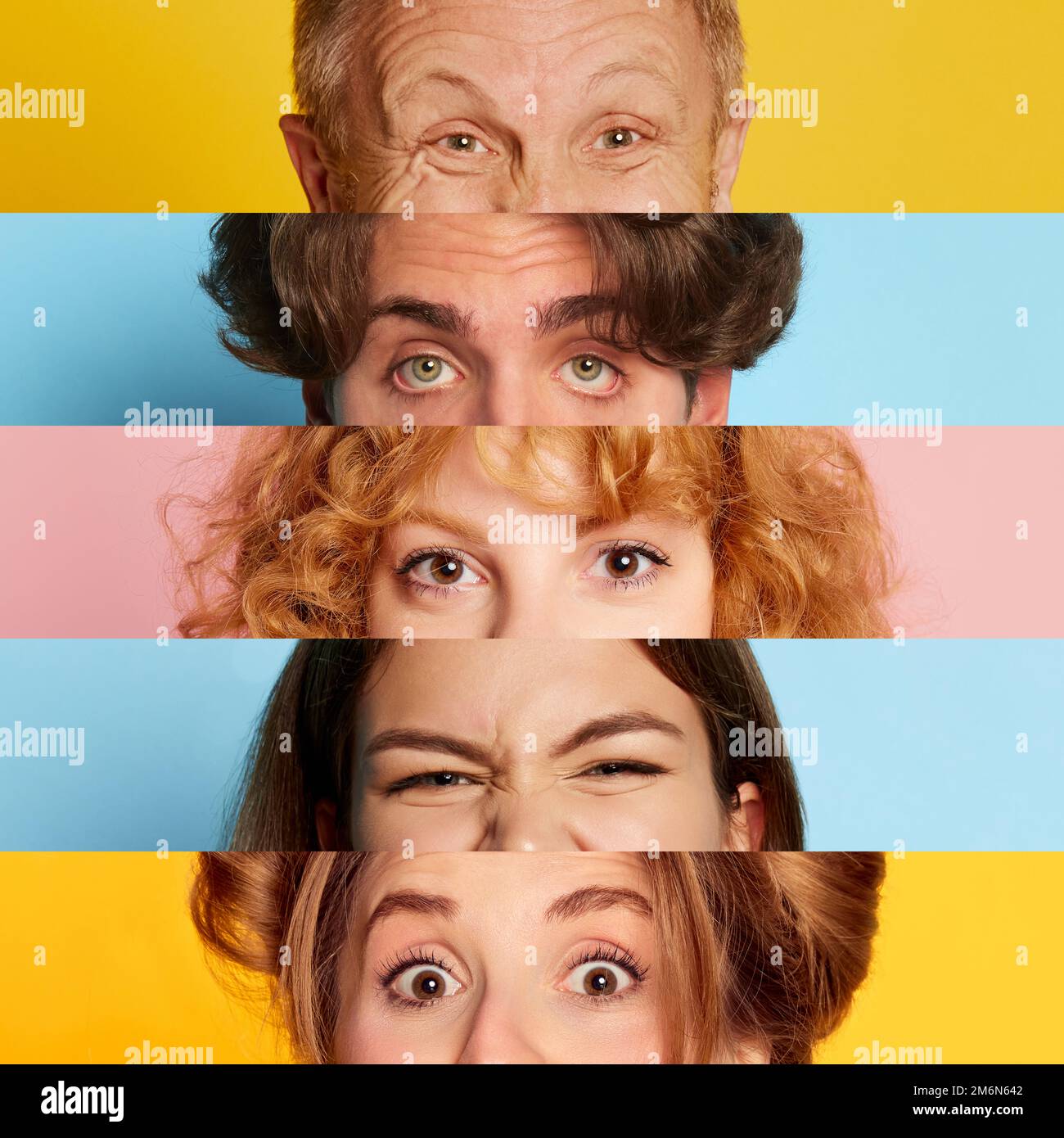 Collage. Eyes of different people, men and women placed in narrow ...