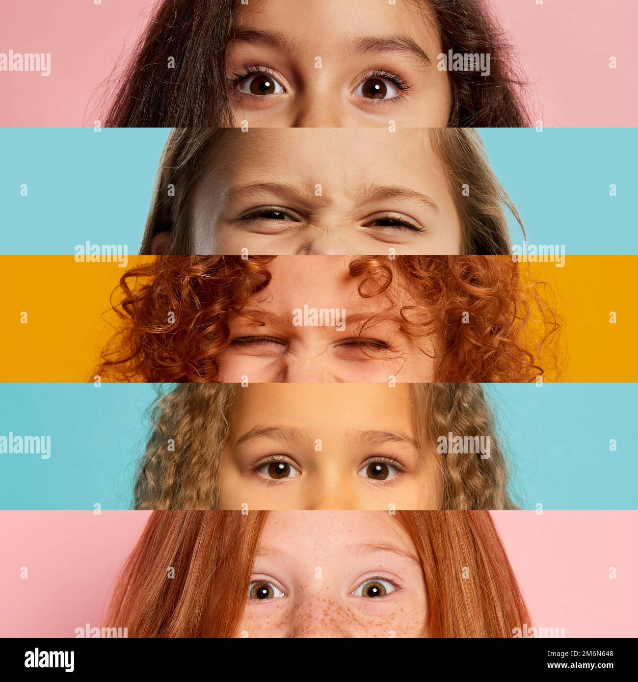 Collage. Eyes of cute girls, children placed in narrow horizontal ...
