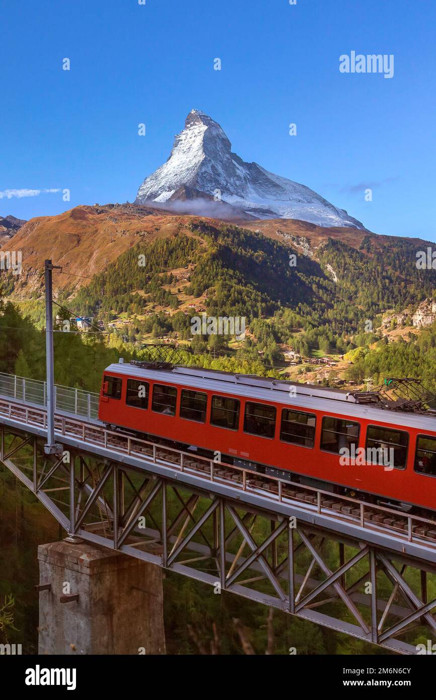 Zermatt, Switzerland. Gornergrat train on bridge Stock Photo - Alamy