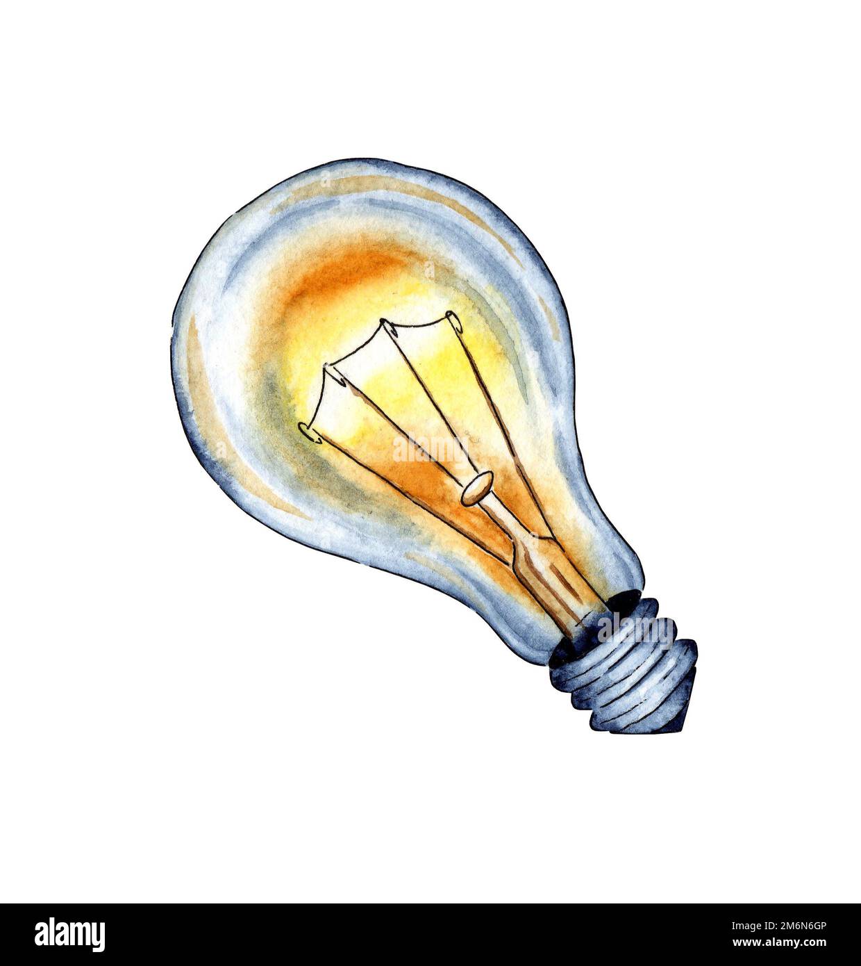Watercolor illustration of a yellow glowing light bulb. Edison lamp ...