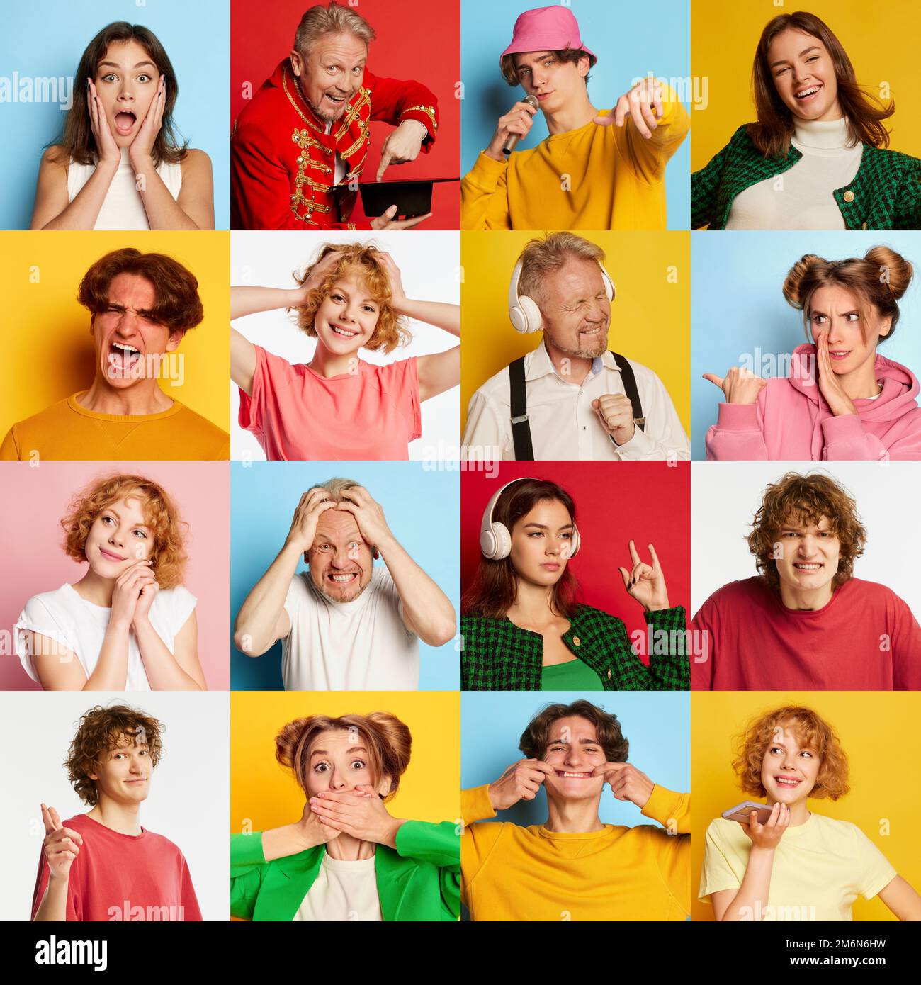 Collage. Portraits of different emotional people, men and women showing ...