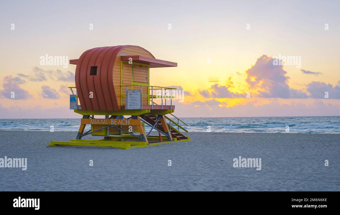 South Beach Miamia Florida, beach hut lifeguard hut during sunset Stock ...