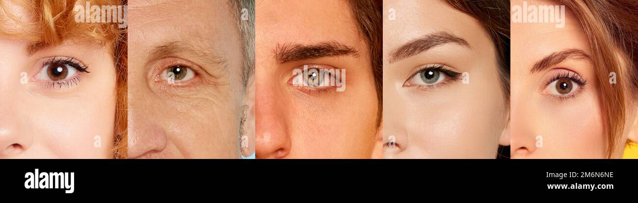 Close-up images of people eyes looking at camera. Collage made of five ...