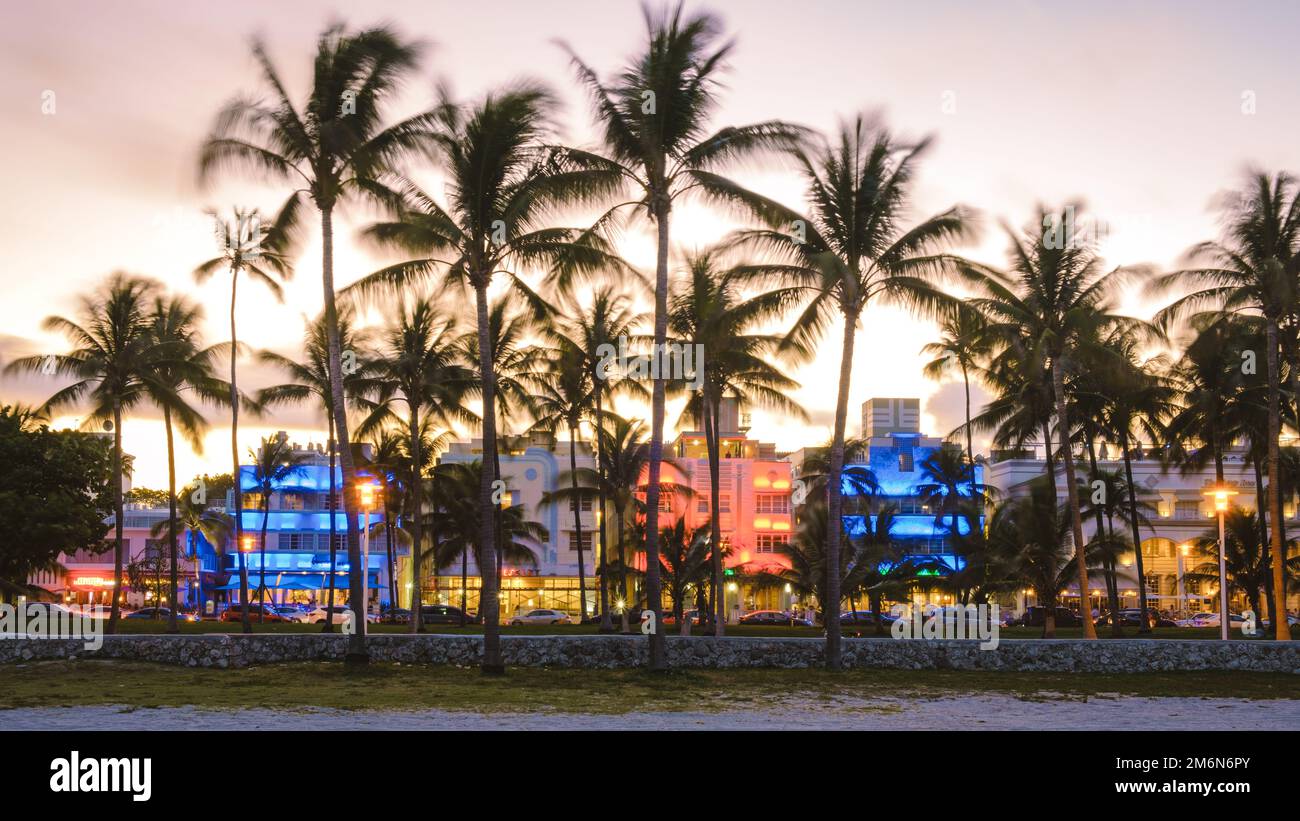 Miami Beach April 2019, colorful Art Deco District at night Stock Photo ...