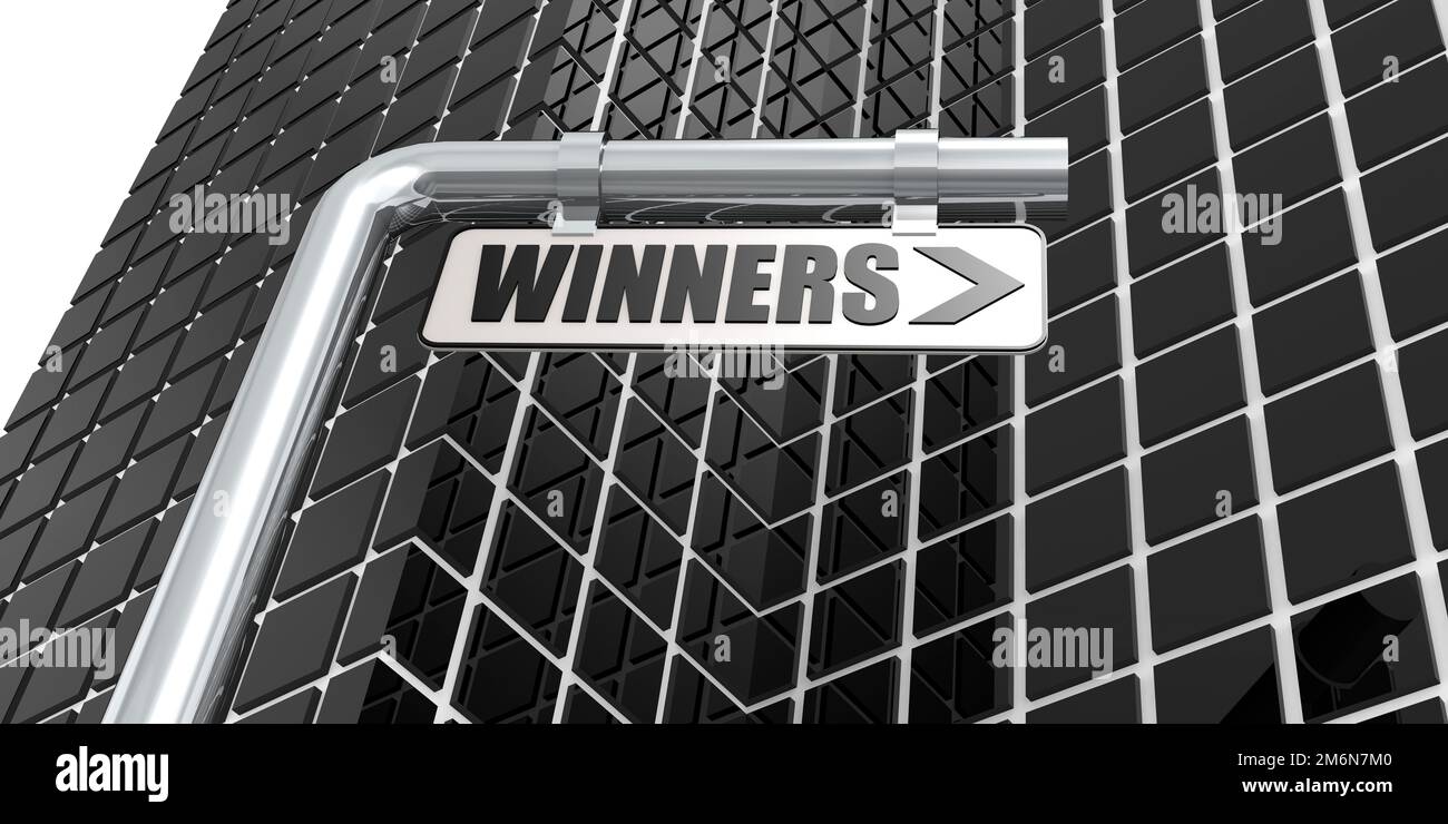 Winner road sign with black building Stock Photo - Alamy