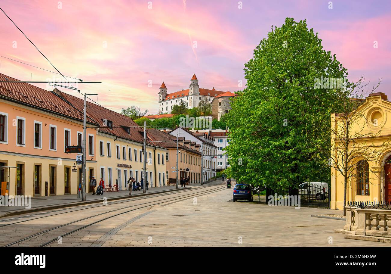 Bratislava, Slovakia. Church of St. Stephan of Hungary and the Bratislava castle at sunset Stock ...